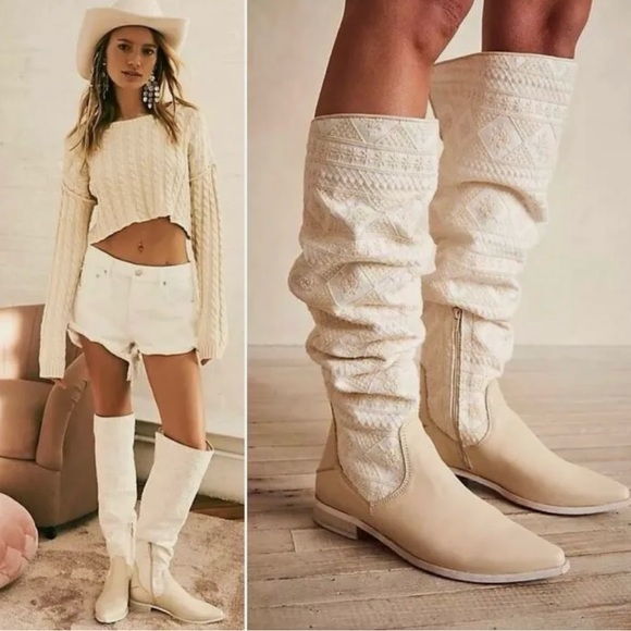 Free People | Shoes | Free People Bren Slouch White Knee High Boots ...